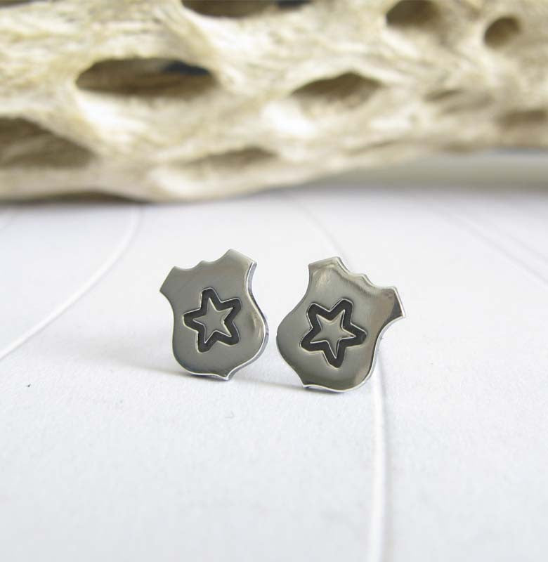 Police Badge with Star Sterling Silver Stud Earrings ~ Handmade in USA ...