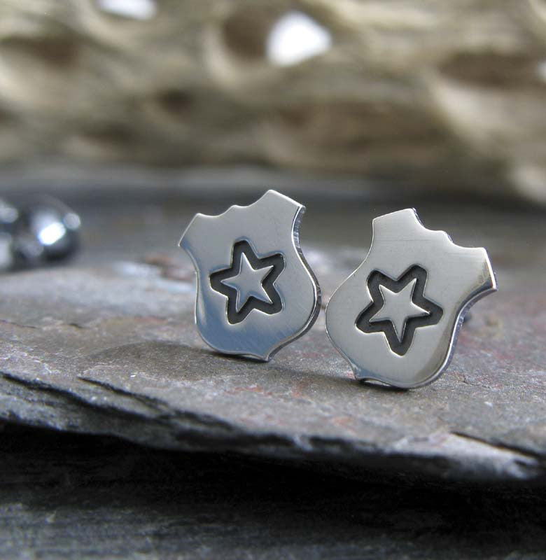 Police Badge with Star Sterling Silver Stud Earrings ~ Handmade in USA ...